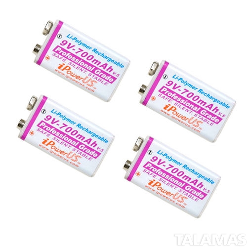 iPower 9V Lithium Polymer Rechargeable Battery 700 mAh with pack of 4 DC700 rechargeable battery ...